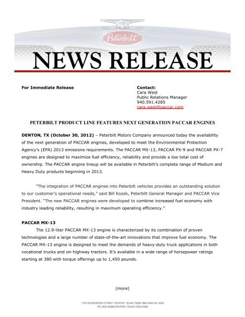 Peterbilt Product Line Features Next Generation PACCAR Engines