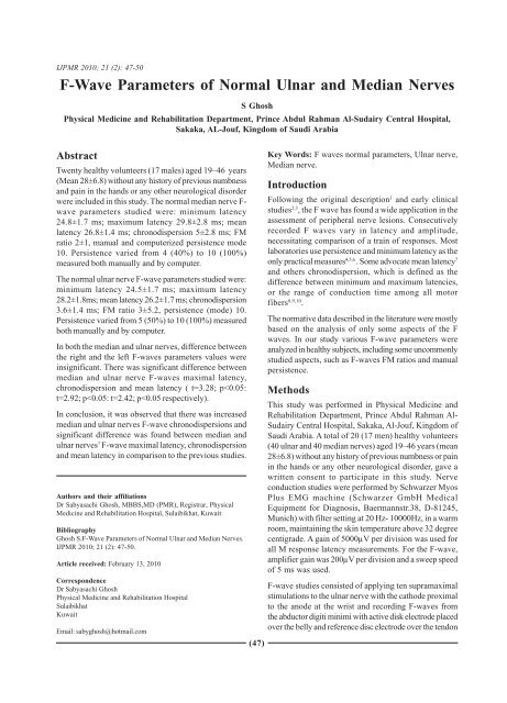 F-Wave Parameters of Normal Ulnar and Median Nerves ... - IJPMR