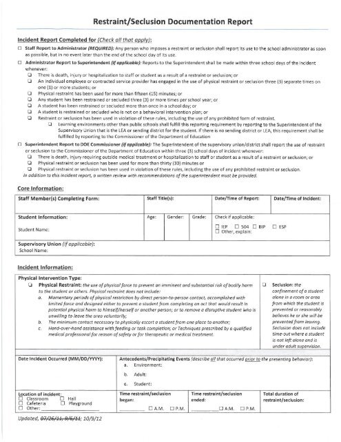 Restraint/Seclusion Documentation Report Form
