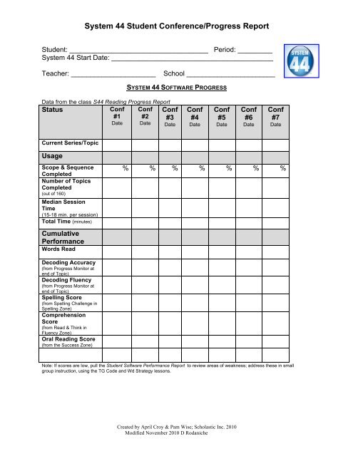 System 44 Student Conference/Progress Report