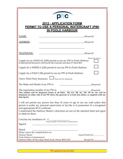 2012 - application form permit to use a personal watercraft (pw)