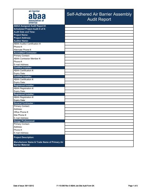 F-115-090 Rev 0 ABAA Job Site Audit Forms - Air Barrier ...