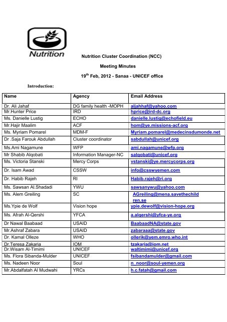 Nutrition Cluster Coordination (NCC) - Yemen Humanitarian ...