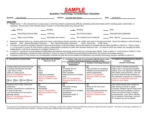 Assistive Technology Consideration Checklist Assistive Technology Consideration Checklist