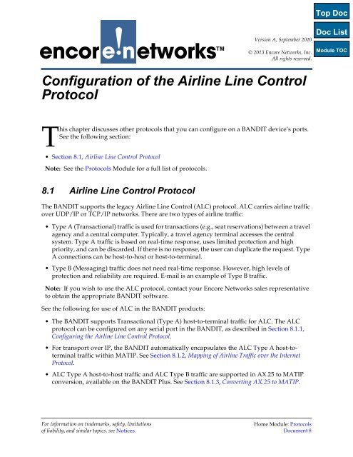 Configuration of the Airline Line Control Protocol - Encore Networks
