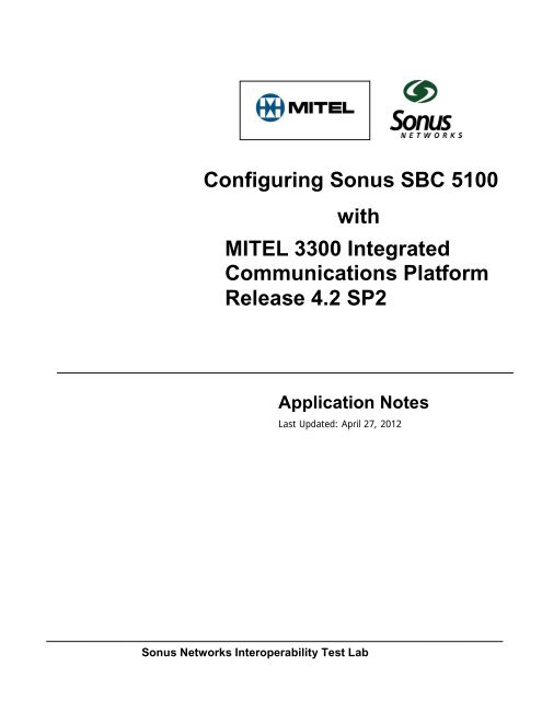 Mitel 3300/SX-200 ICP Controller; 4.2.SP2 - Sonus Networks