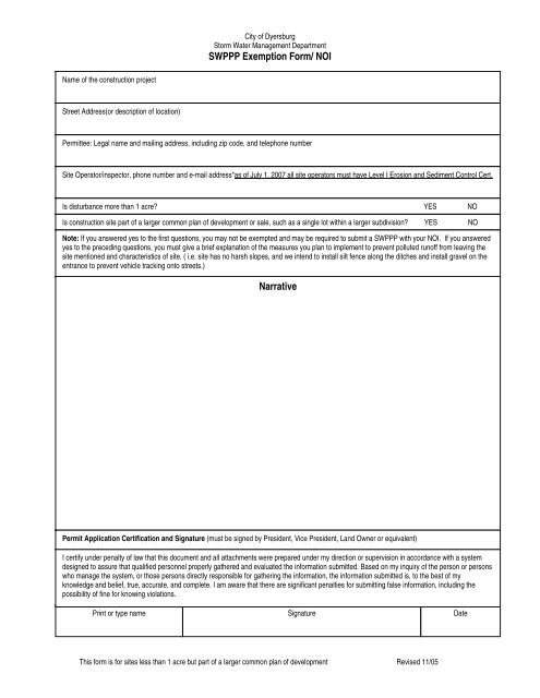 SWPPP Exemption Form/ NOI Narrative - City of Dyersburg