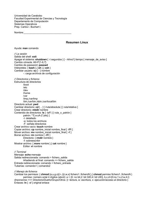 Resumen comandos Linux [PDF] - Universidad de Carabobo ...