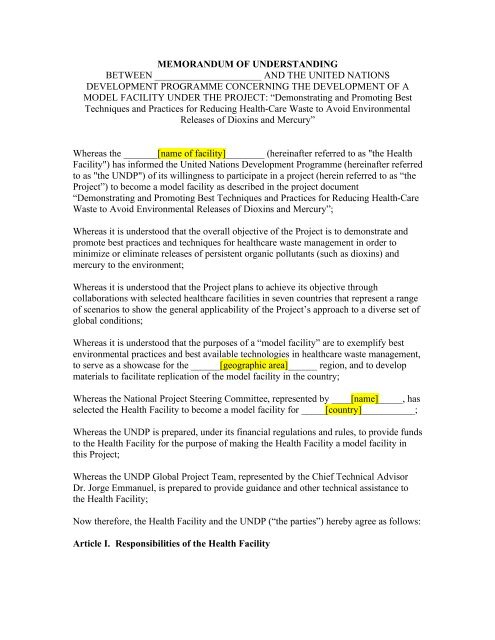 MOU template for the model facility June 2009 UNDP GEF Project