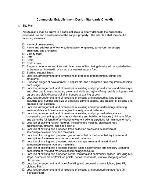 Commercial Establishment Design Standards Checklist