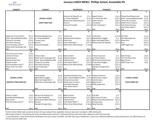 January LUNCH MENU: Phillips School, Annandale HS