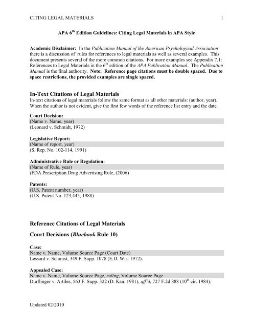 In-Text Citations of Legal Materials Reference Citations of Legal ...
