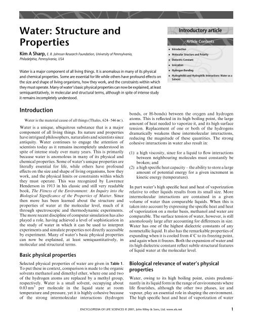 Water: Structure and Properties - Kim Sharp - University of ...