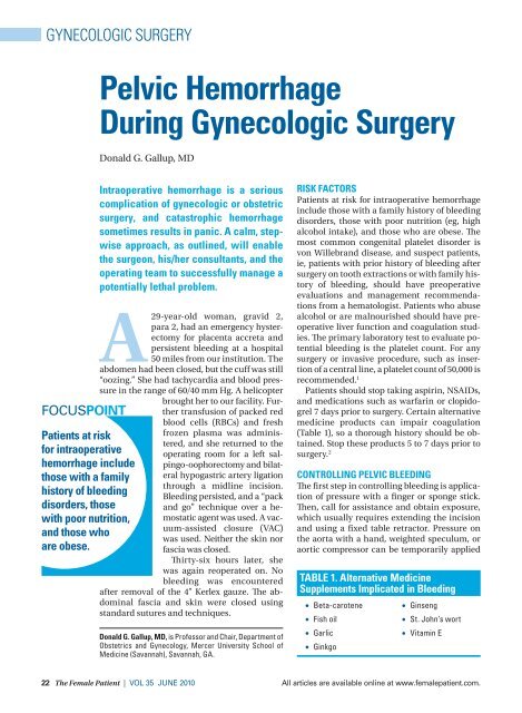 Pelvic Hemorrhage During Gynecologic Surgery