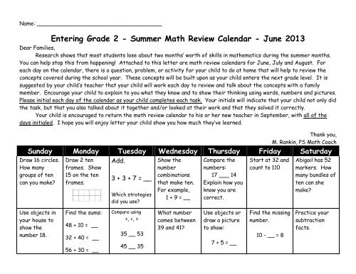 Grade 2 Math Required Review Calendar