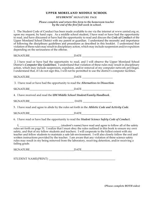 Middle School Codes of Conduct Signature Pages - Upper ...