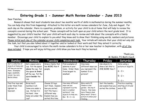Grade 1 Math Required Review Calendar