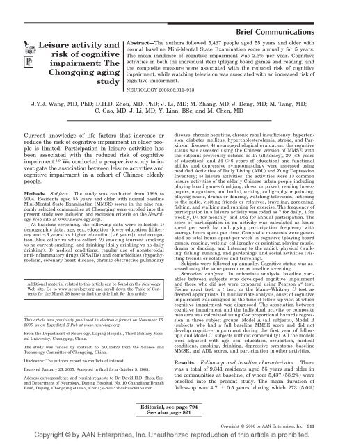 Leisure activity and risk of cognitive impairment ... - Daping Hospital