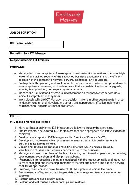 JOB DESCRIPTION ICT Team Leader Reporting ... - Eastlands Homes