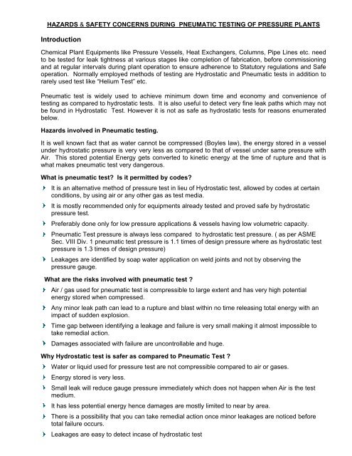 HAZARDS & SAFETY CONCERNS ON PNEUMATIC TESTING