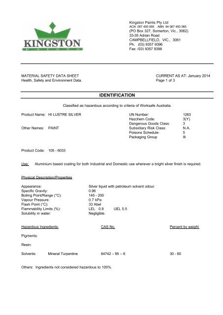 MSDS HI LUSTRE SILVER - Kingston Paints