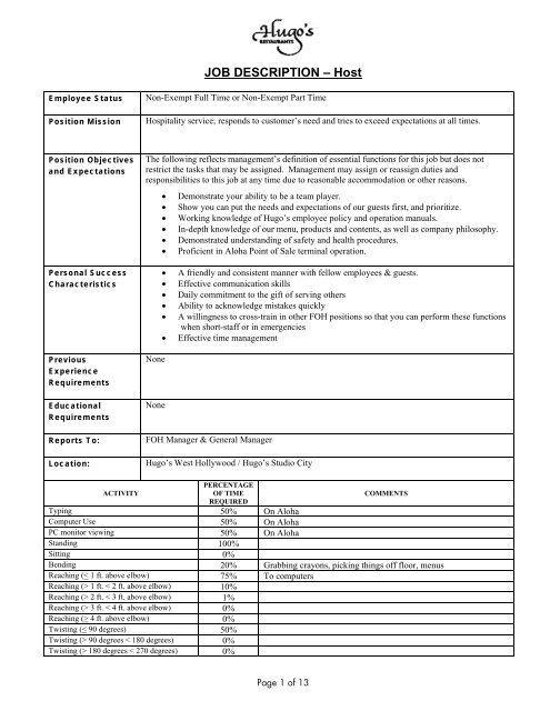 JOB DESCRIPTION â Host - Hugo's