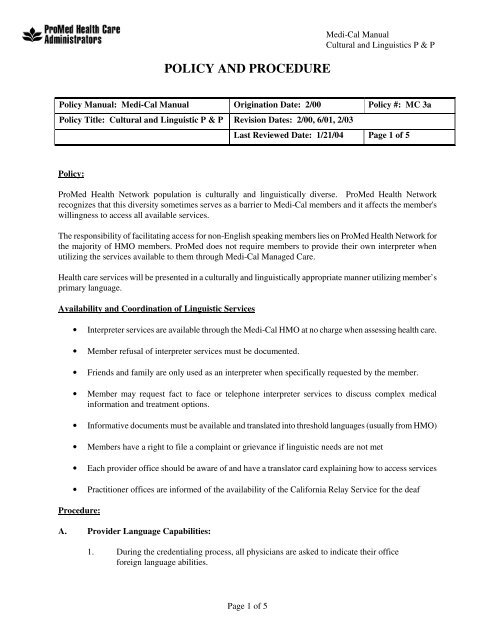 POLICY AND PROCEDURE - ProMed HealthCare Administrators