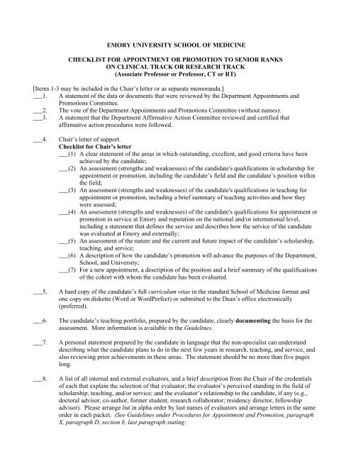 Checklist for Appointment or Promotion to Senior Ranks on Clinical ...