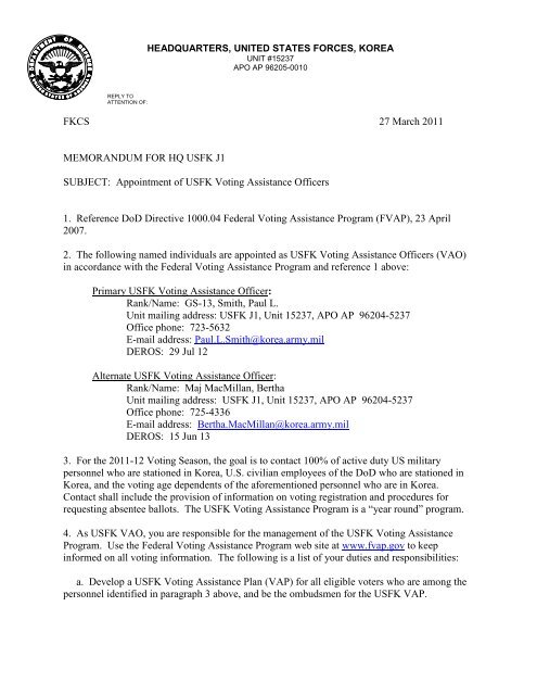 USFK J1, Unit 15237, APO AP - United States Forces Korea