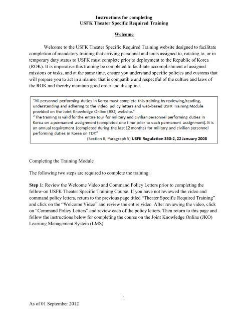 Instructions for completing USFK Theater Specific Required Training ...