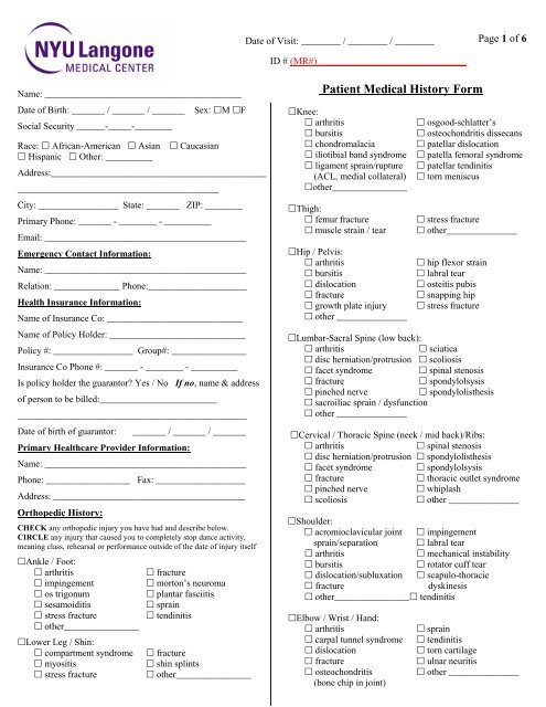 Clinic Patient Medical History Packet - Hospital for Joint Diseases