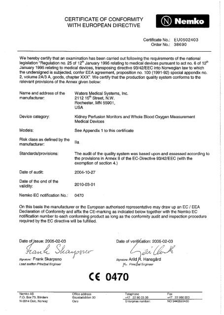 Certificate Of Conformity With European Directive Waters Instruments
