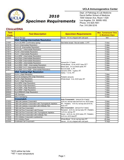 Specimen Requirements chart - UCLA Immunogenetics Center