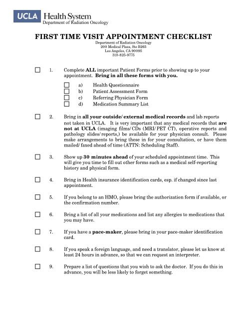 first time visit appointment checklist - Radiation Oncology - UCLA