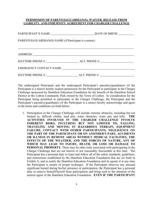 permission of parent(s)/guardian(s), waiver, release from liability ...