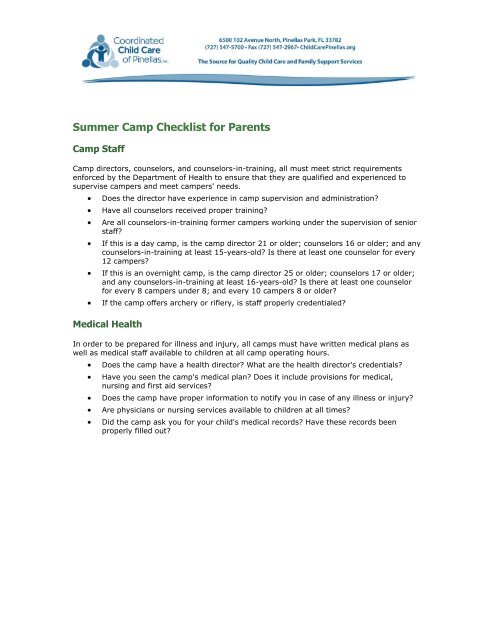 Summer Camp Checklist for Parents - Coordinated Child Care of ...