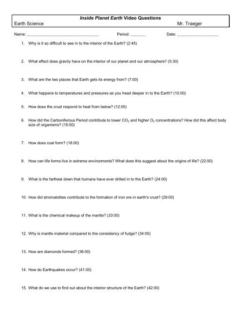 Inside Planet Earth Video Questions Earth Science Mr. Traeger