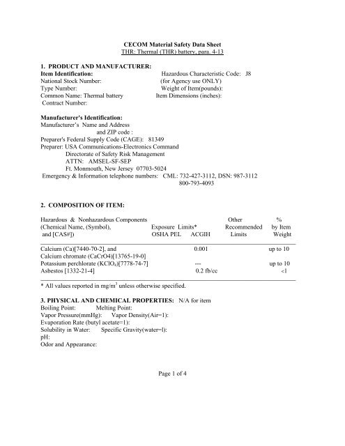 CECOM Material Safety Data Sheet THR: Thermal (THR) battery ...