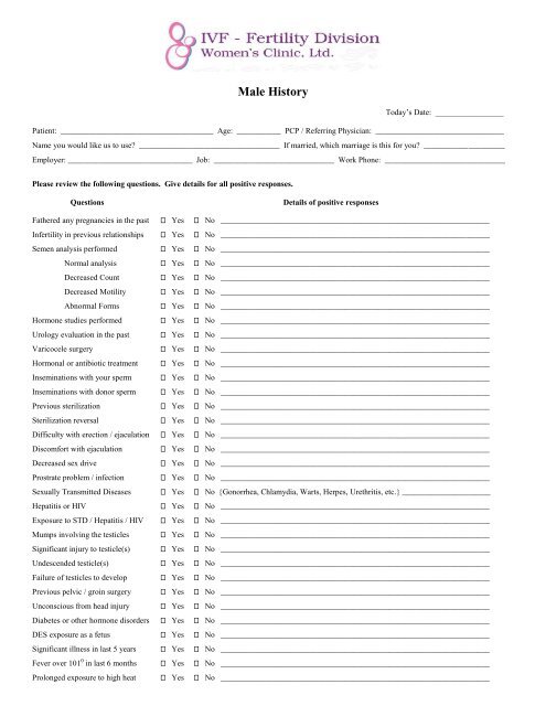 Male Infertility History Form - Women's Clinic, Ltd.