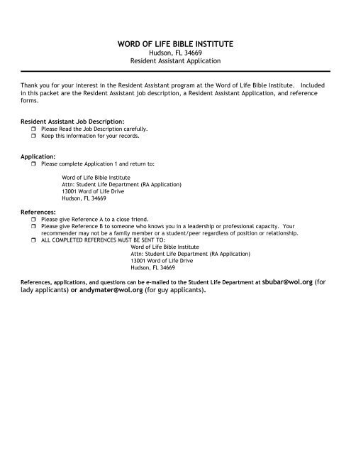 FL Leadership Application - Word of Life Bible Institute