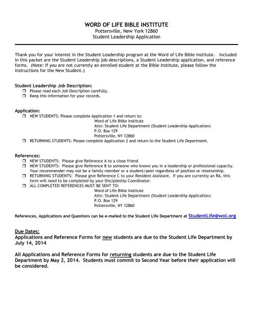 NY Leadership Application - Word of Life Bible Institute