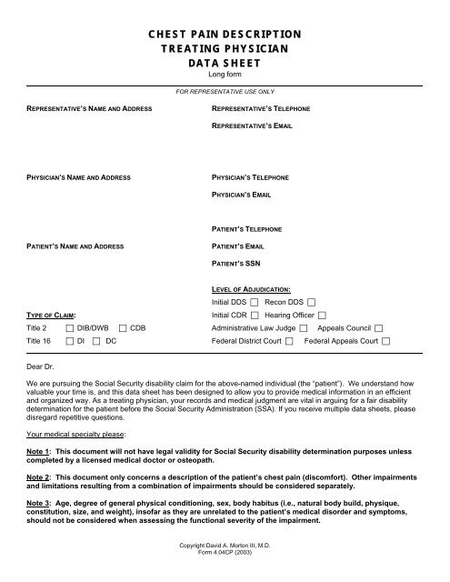 Medical opinion form for chest pain description