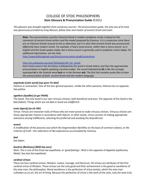 Glossary and Pronunciation Guide - College of Stoic Philosophers