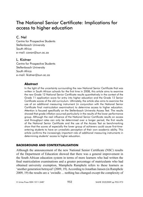 The National Senior Certificate: Implications for access to higher ...