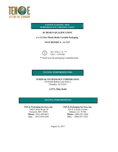 2011 DOT-UN TEST REPORT, 6 X 2.5L Bottle, 38-439 and 45mm TE