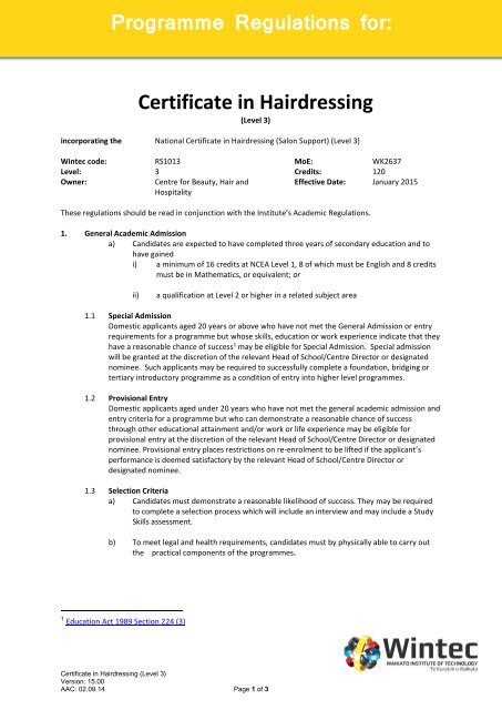 Certificate in Hairdressing (Level 3) Incorporating the ... - Wintec