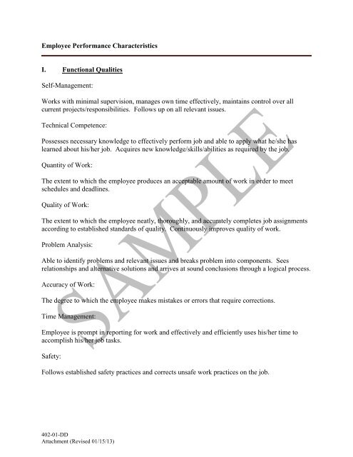 Employee Performance Characteristics I. Functional Qualities Self ...