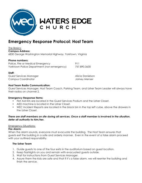 Emergency Response Protocol: Host Team - Waters Edge Church