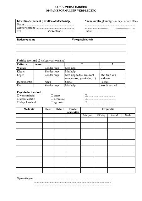 opnameformulier zelfstandige verpleegkundigen - AZ Vesalius ...