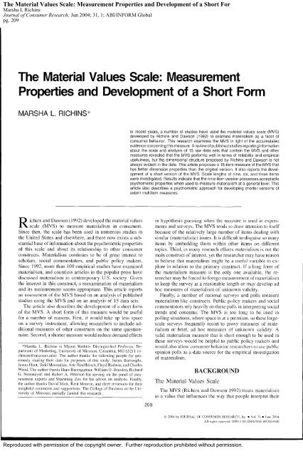 The Material Values Scale: Measurement Properties and ...